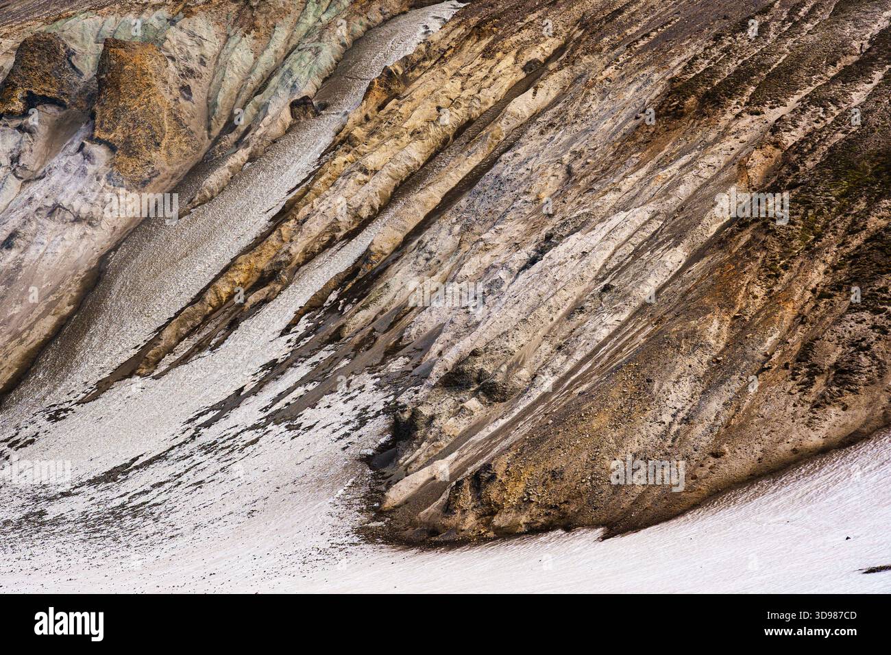 Geological layers of colorful volcanic rock formation with mineral ...