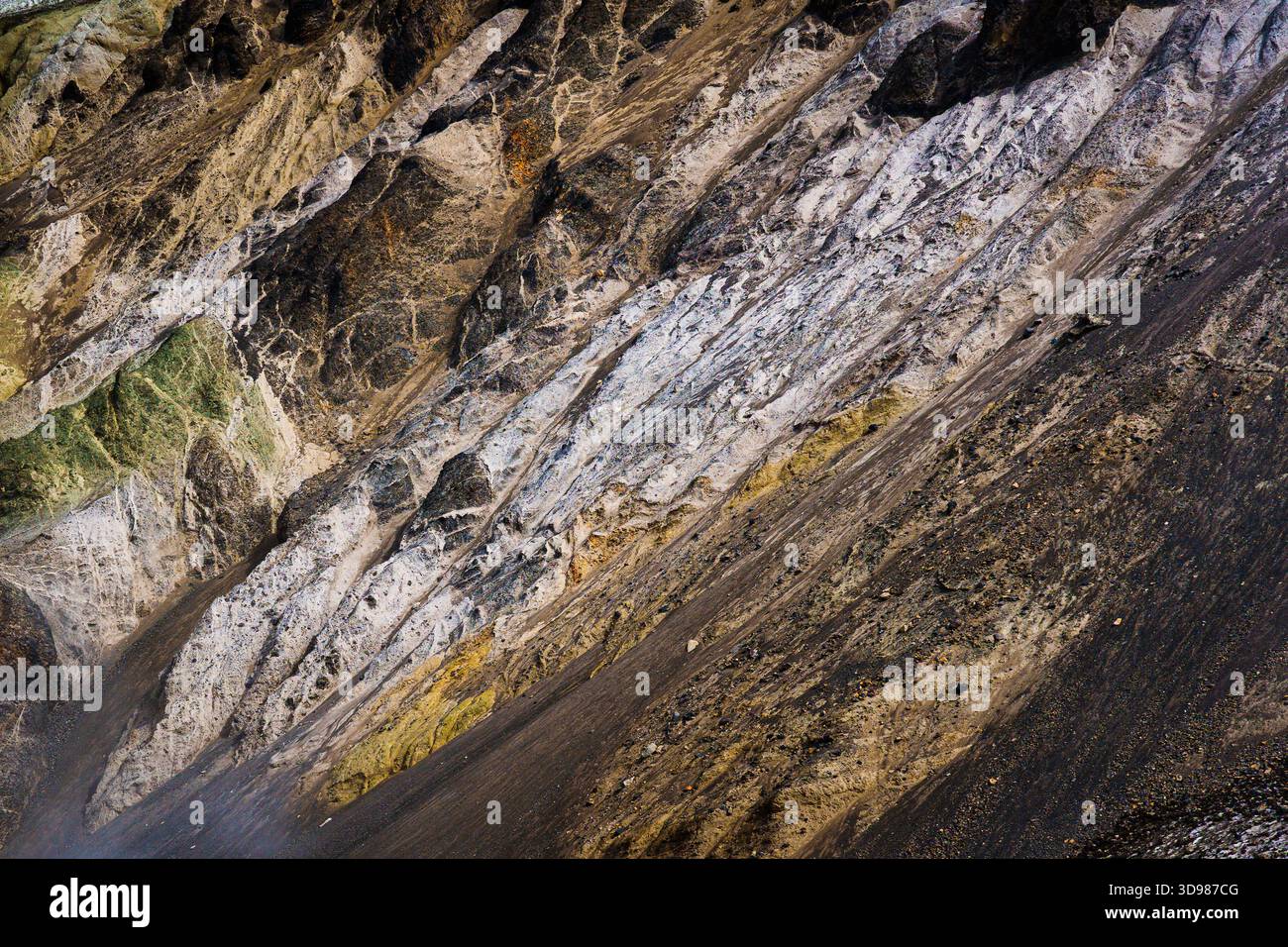 Geological layers of colorful volcanic rock formation with mineral ...