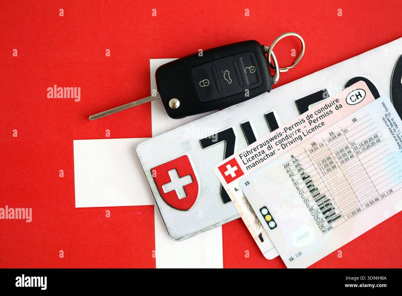 Switzerland car license plate and ignition key on Swiss flag close up ...