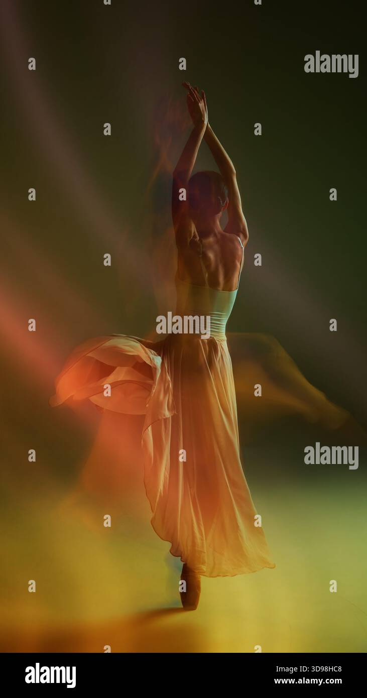 Full-body dancer silhouette in warm flowing motion with elegant skirt ...