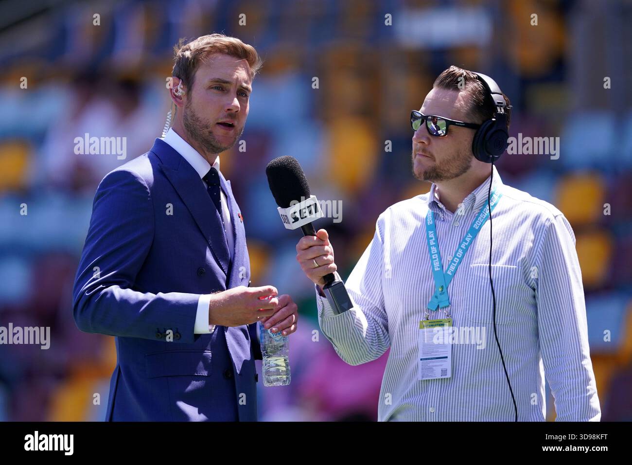 Former England player Stuart Broad (left) is interviewed by Adam ...