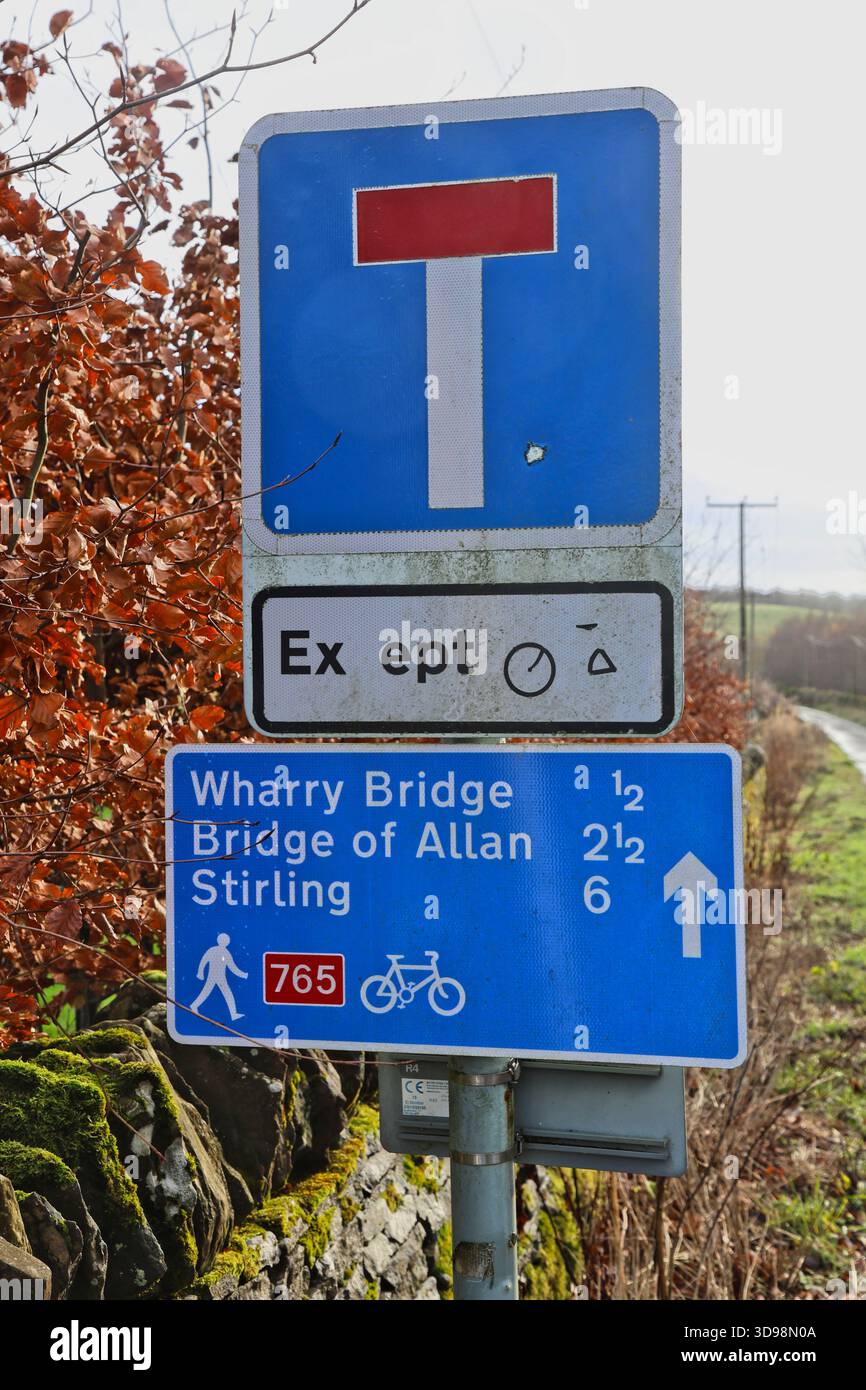 Sign on National Cycle Route 765 near Bridge of Allan Scotland November ...