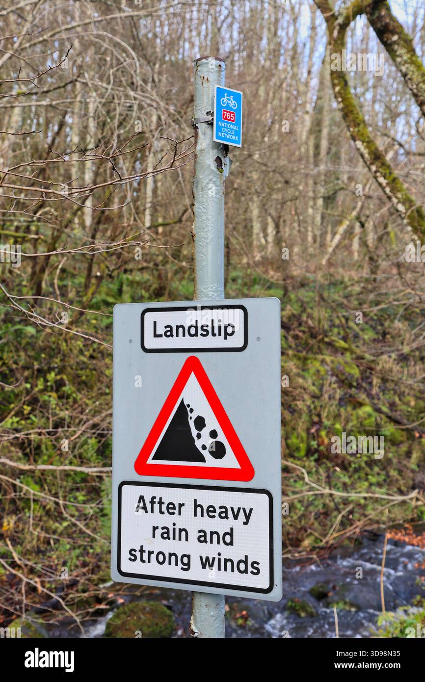 Warning landslip sign on National Cycle Route 765 near Dunblane ...