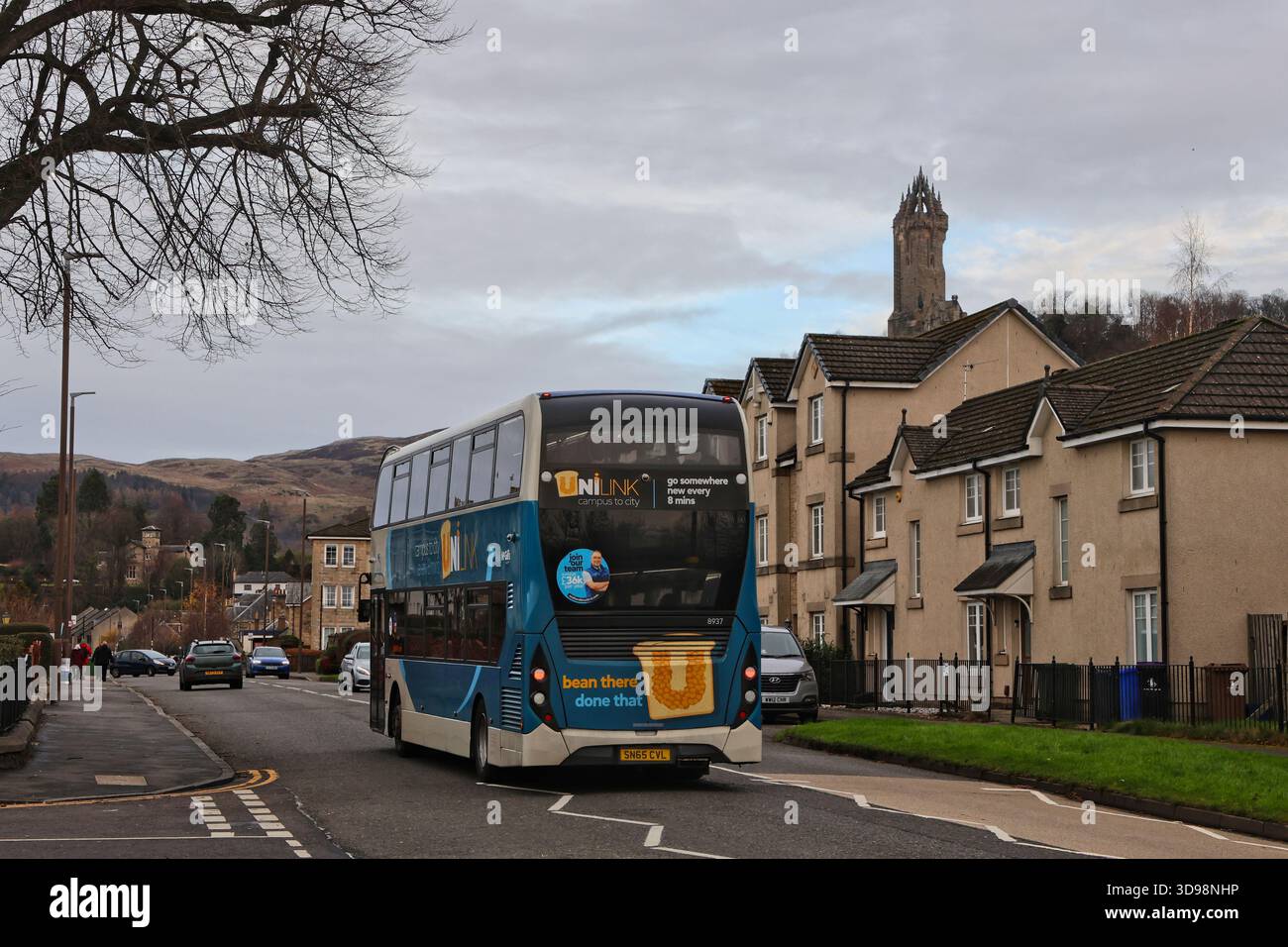 Uni link bus on Causewayhead Road with Wallace Monument Stirling ...