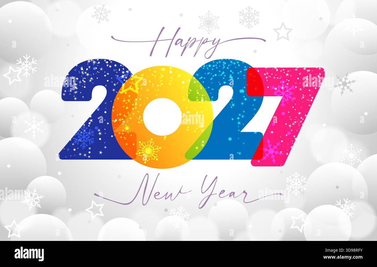Happy New Year 2027 greeting card design with bold colorful number and ...