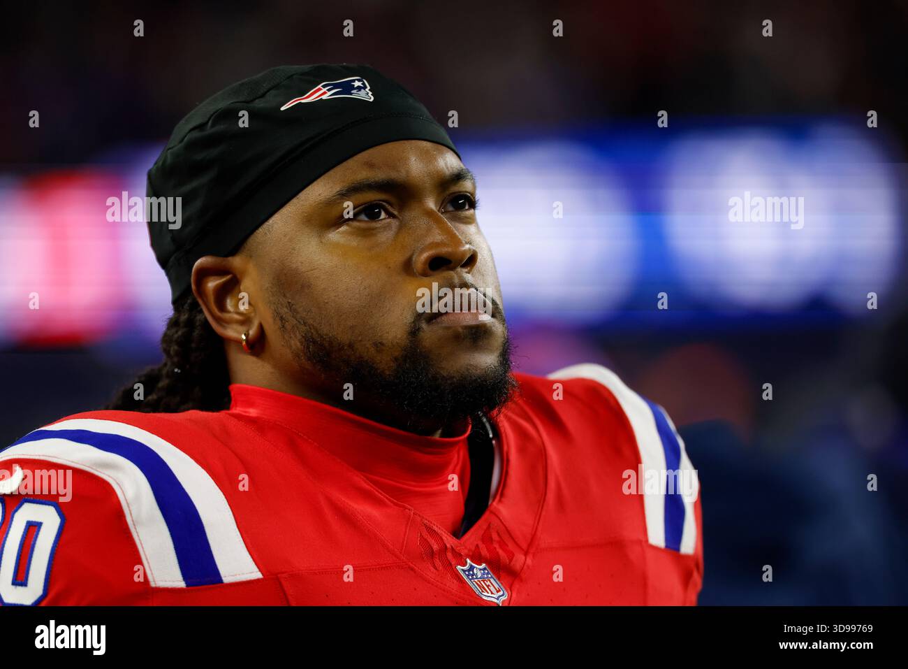 New England Patriots offensive tackle Caedan Wallace (70)reacts on the ...