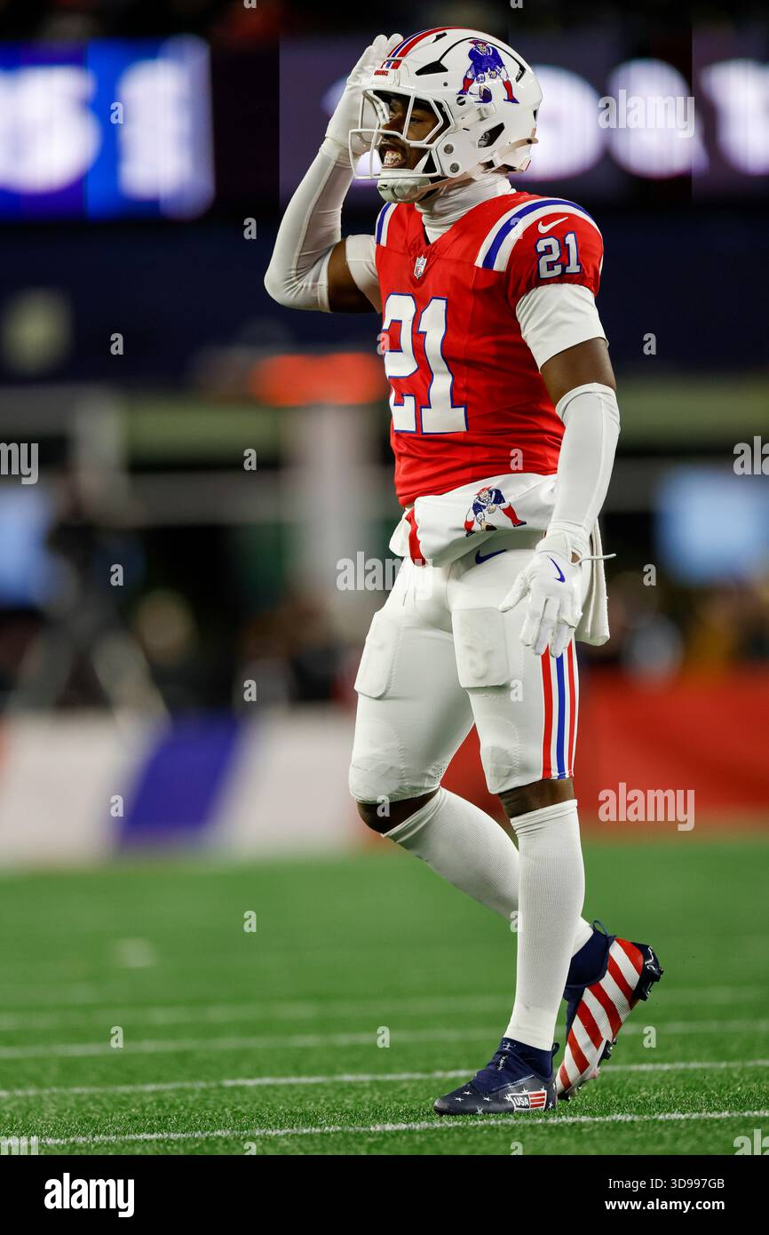 New England Patriots safety Jaylinn Hawkins (21) reacts during the ...