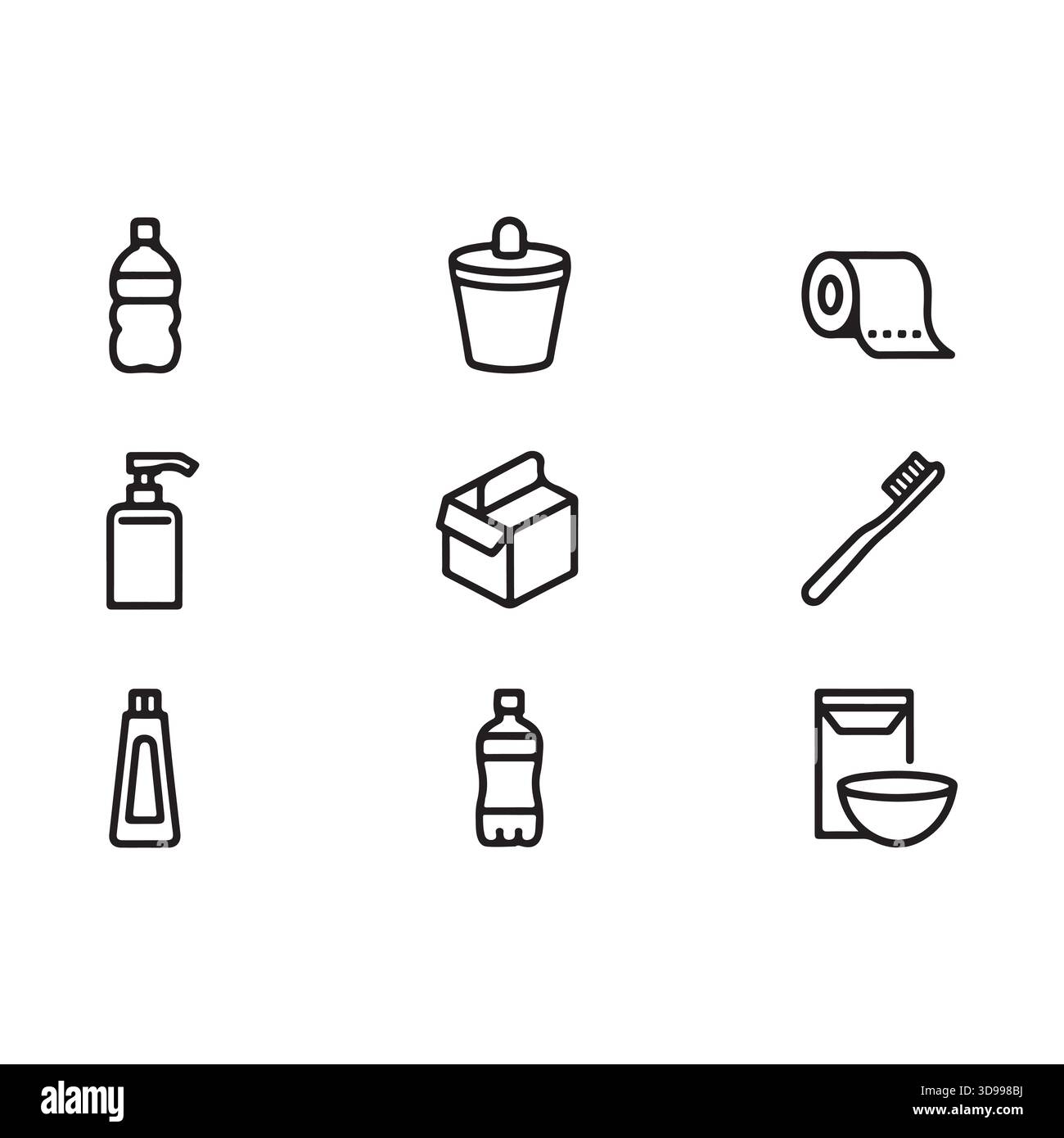 Collection of simple black and white icons representing household items ...