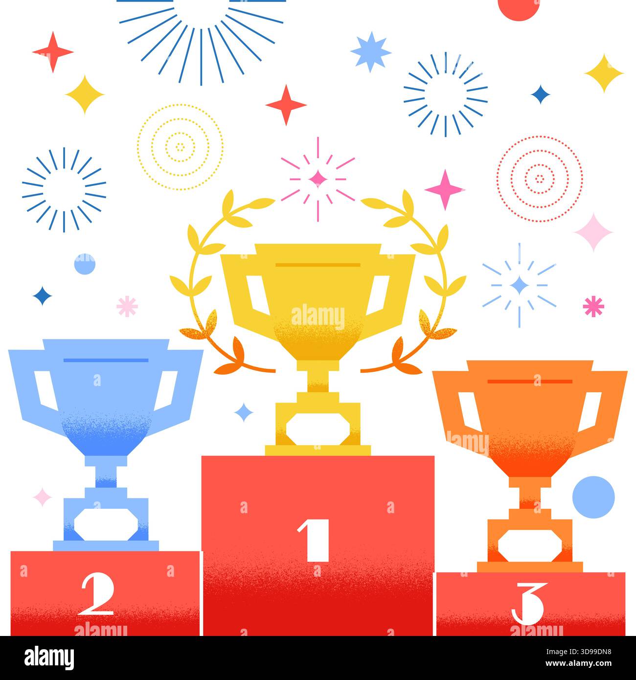 Vector illustration of podium with gold, silver, and bronze prize cups ...