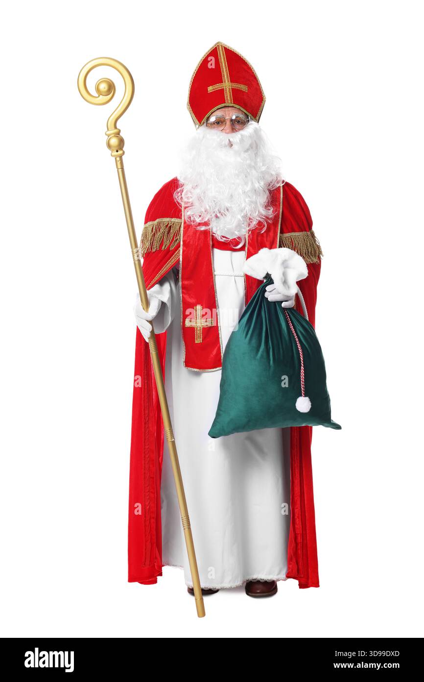 Saint Nicholas with sack and crozier on white background Stock Photo ...