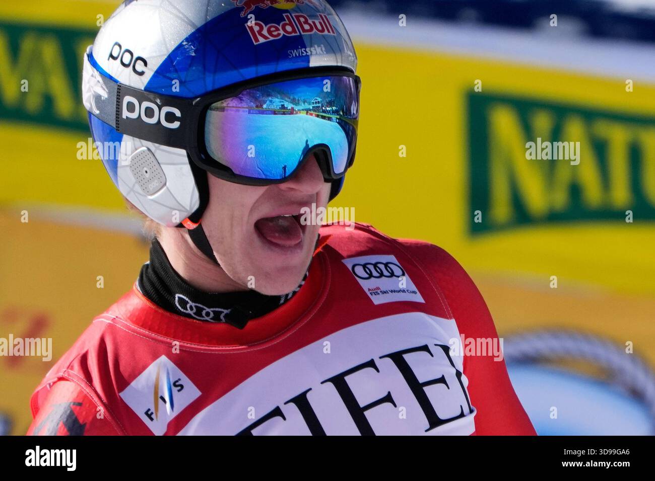 Switzerland's Marco Odermatt reacts after his run during a World Cup ...