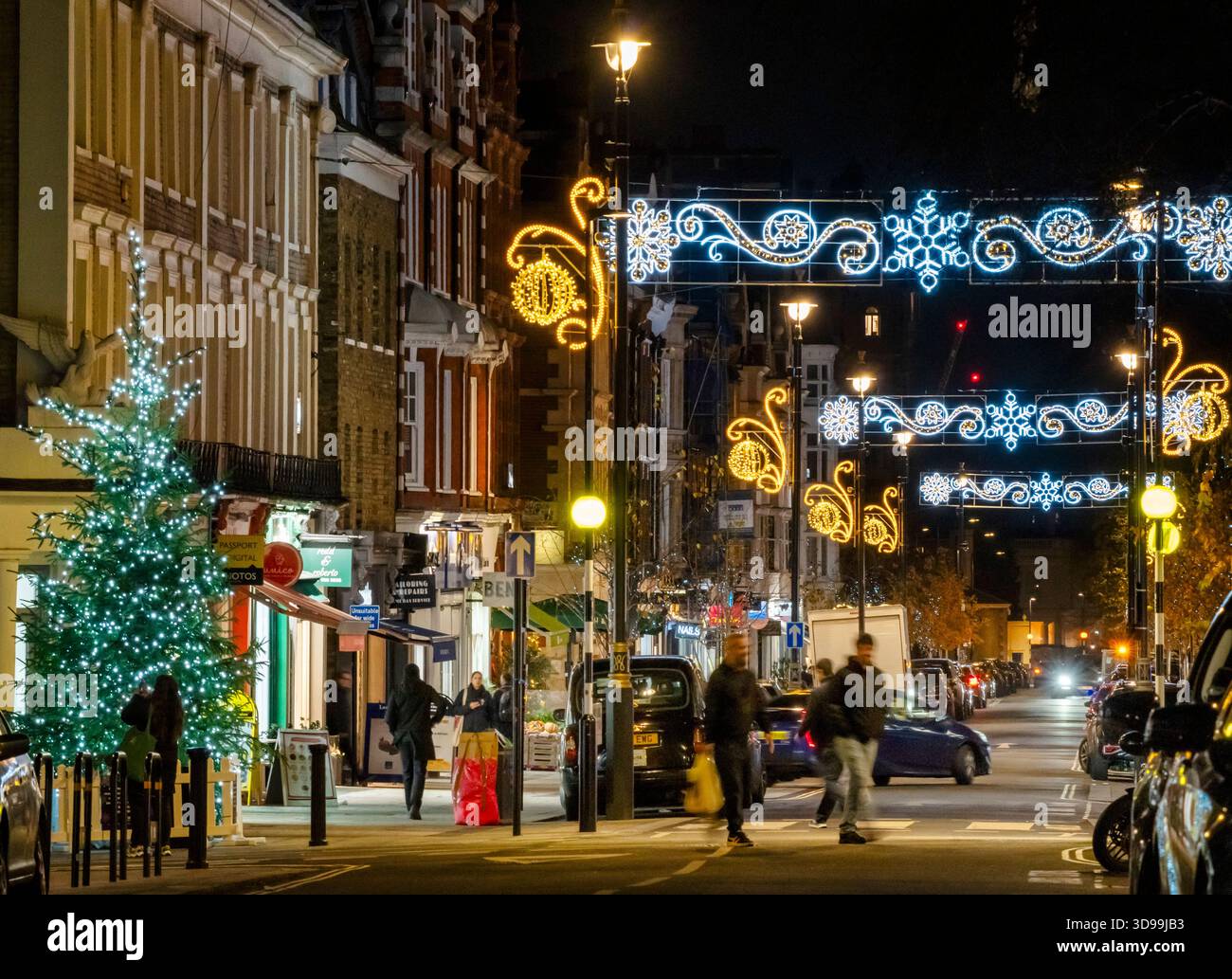 St John's Wood High Street Christmas tree and festive street lights and ...