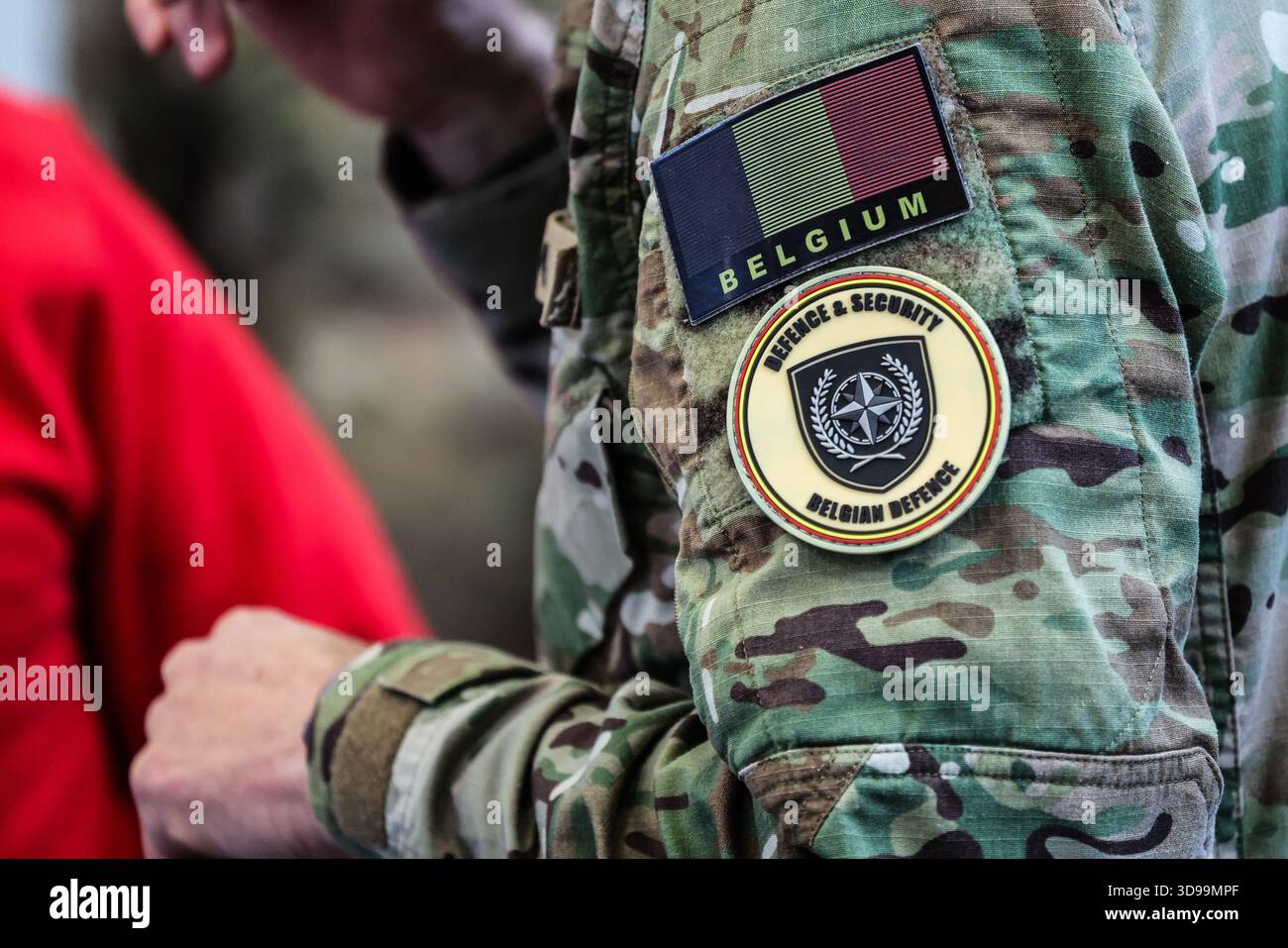 The Belgian defence logo pictured on a uniform during the signing of a ...