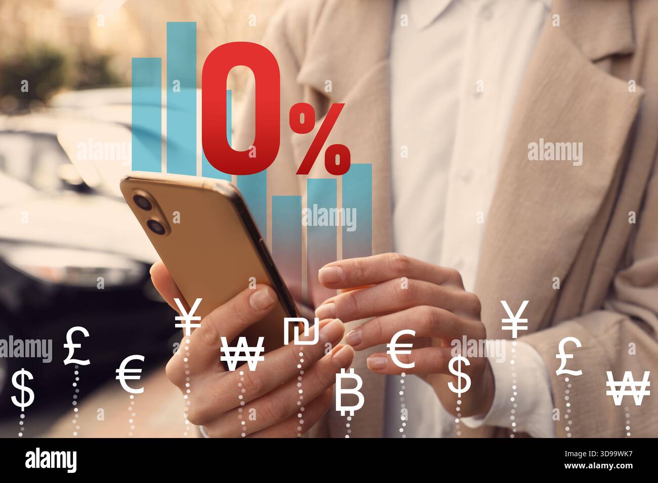 Woman using mobile phone outdoors, closeup. 0 percent sign and graph ...
