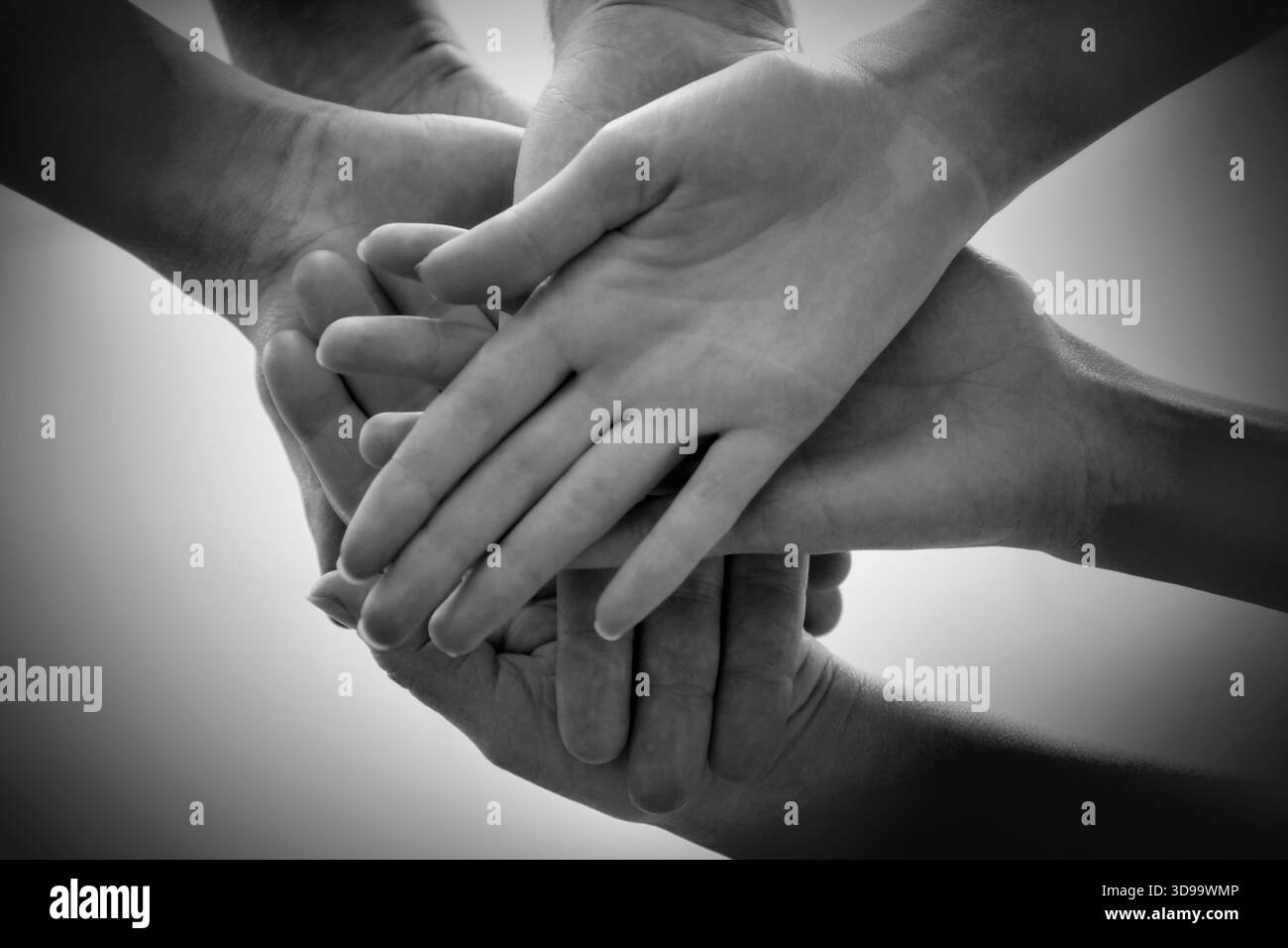Group of people stacking their hands together, bottom view. Black-and ...