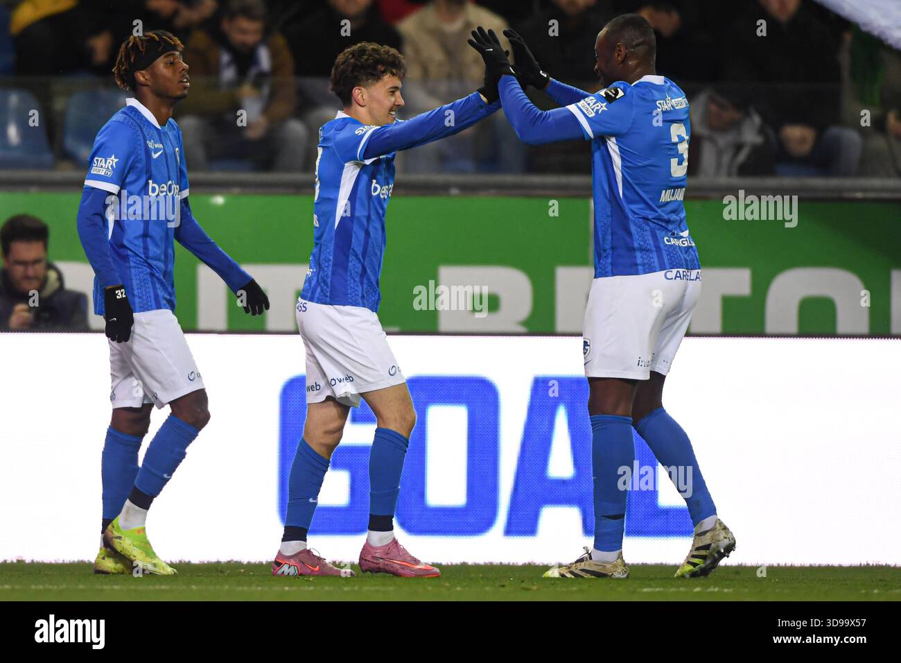 Genk's Konstantinos Kos Karetsas celebrates after scoring during a ...