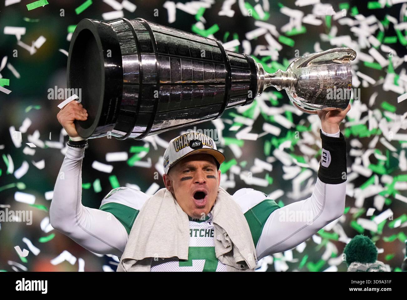 Saskatchewan Roughriders quarterback Trevor Harris (7) celebrates his ...