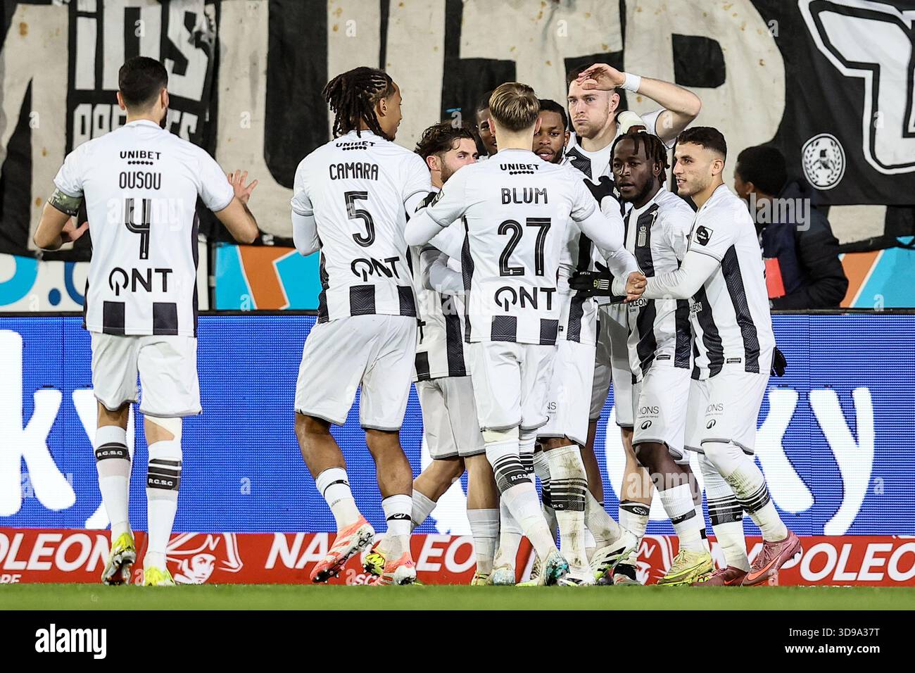 Charleroi's Parfait Guiagon celebrates after scoring during a soccer ...