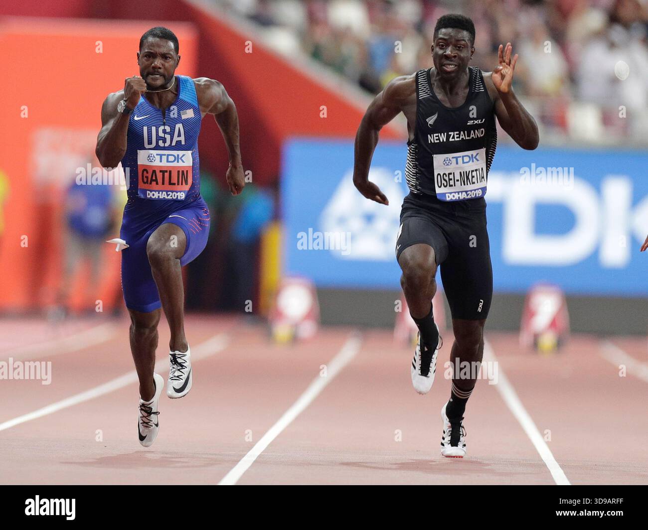 FILE - New Zealand's Edward Osei-Nketia, right, and Justin Gatlin, of ...