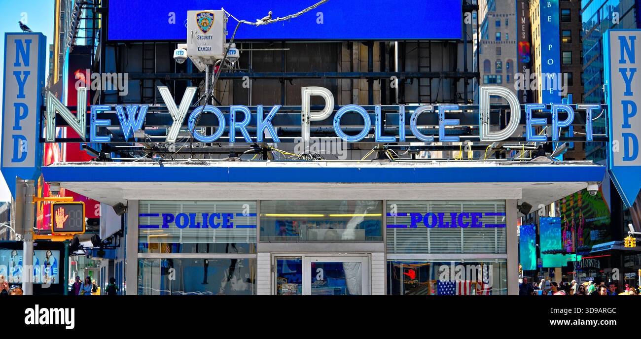 NYPD station at Times Square, New York City. The facade features a ...