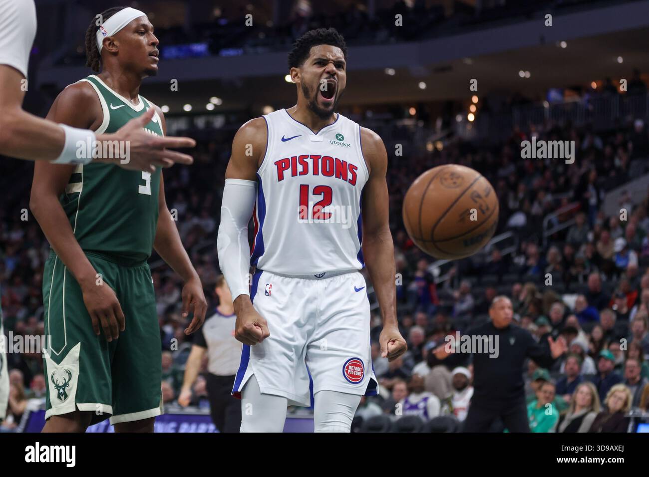 Detroit Pistons' Tobias Harris reacts after a shot against Milwaukee ...