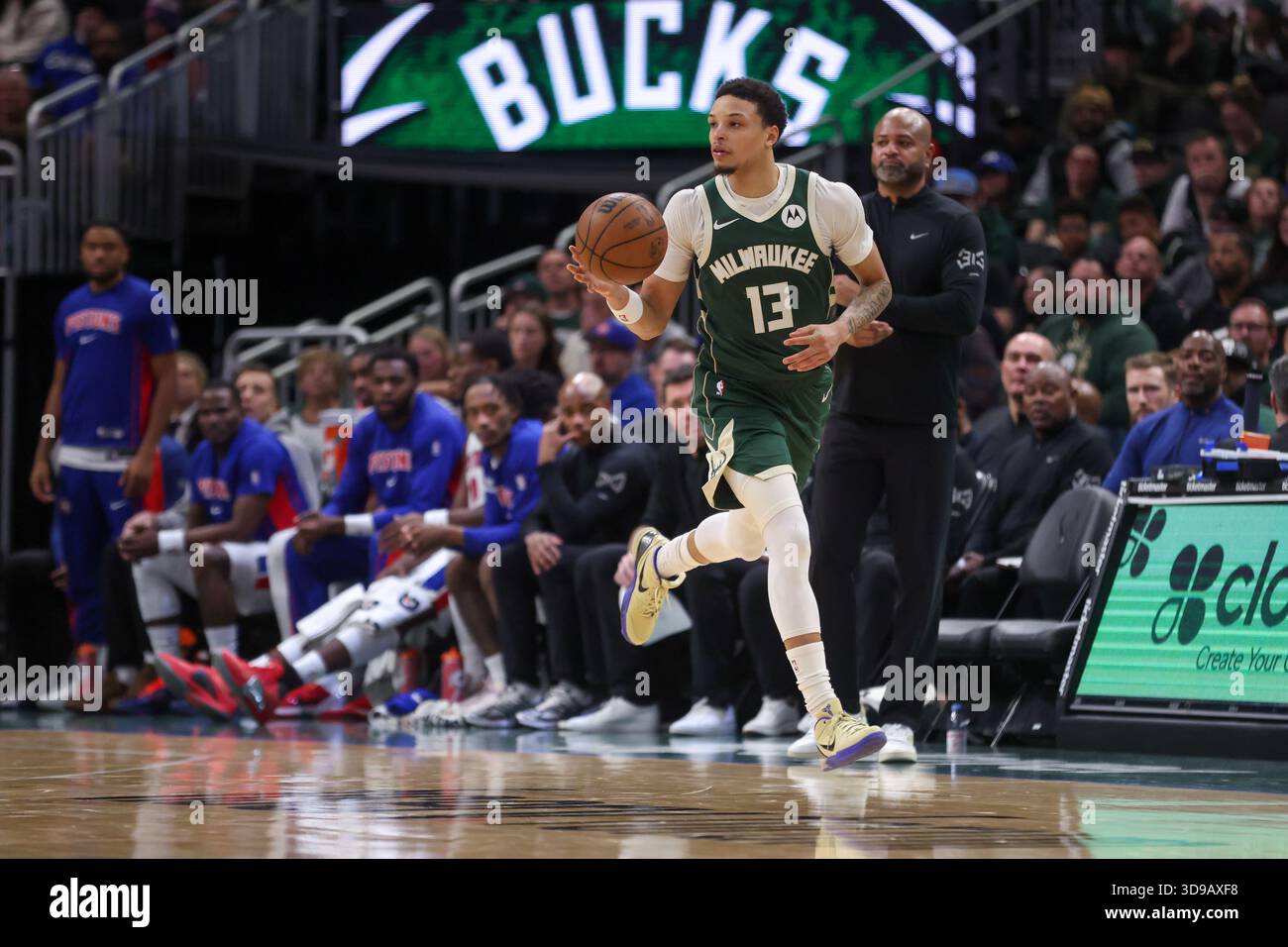 Milwaukee Bucks' Ryan Rollins brings the ball upcourt during the first ...