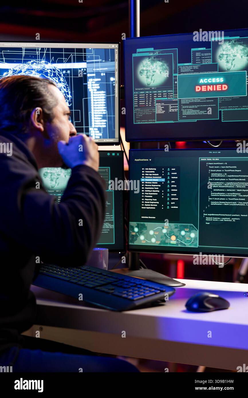 Angry man hitting computer display after seeing access denied warning ...