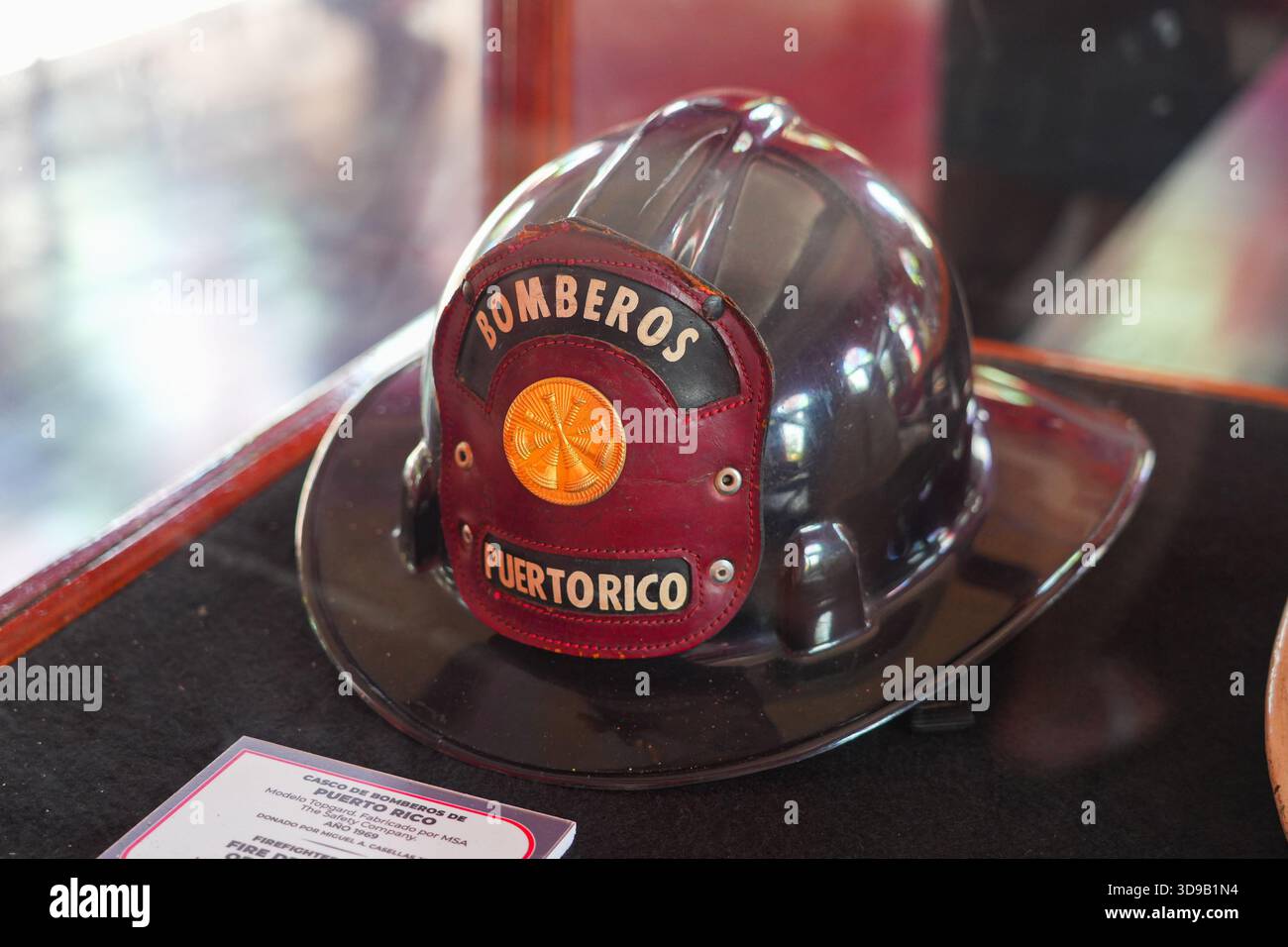 Firefighter helmet displayed in the Parque de Bombas historic former ...