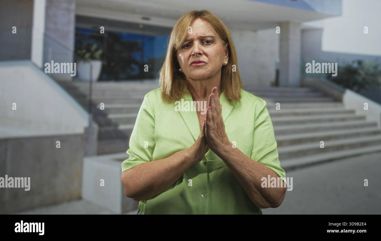 Woman pressing hands to chest and rubbing palms while wincing in front ...