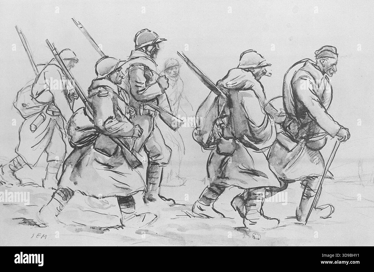 Album, War Sketches by Sem, 1917-1918: Six soldiers marching to the ...