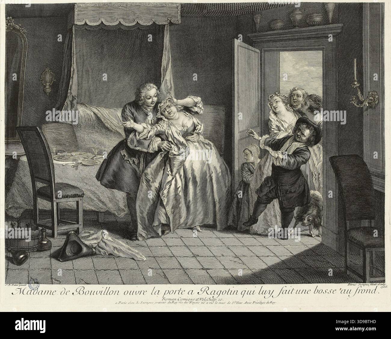 Plate for Scarron's *Roman Comique*: Madame de Bouvillon opens the door ...