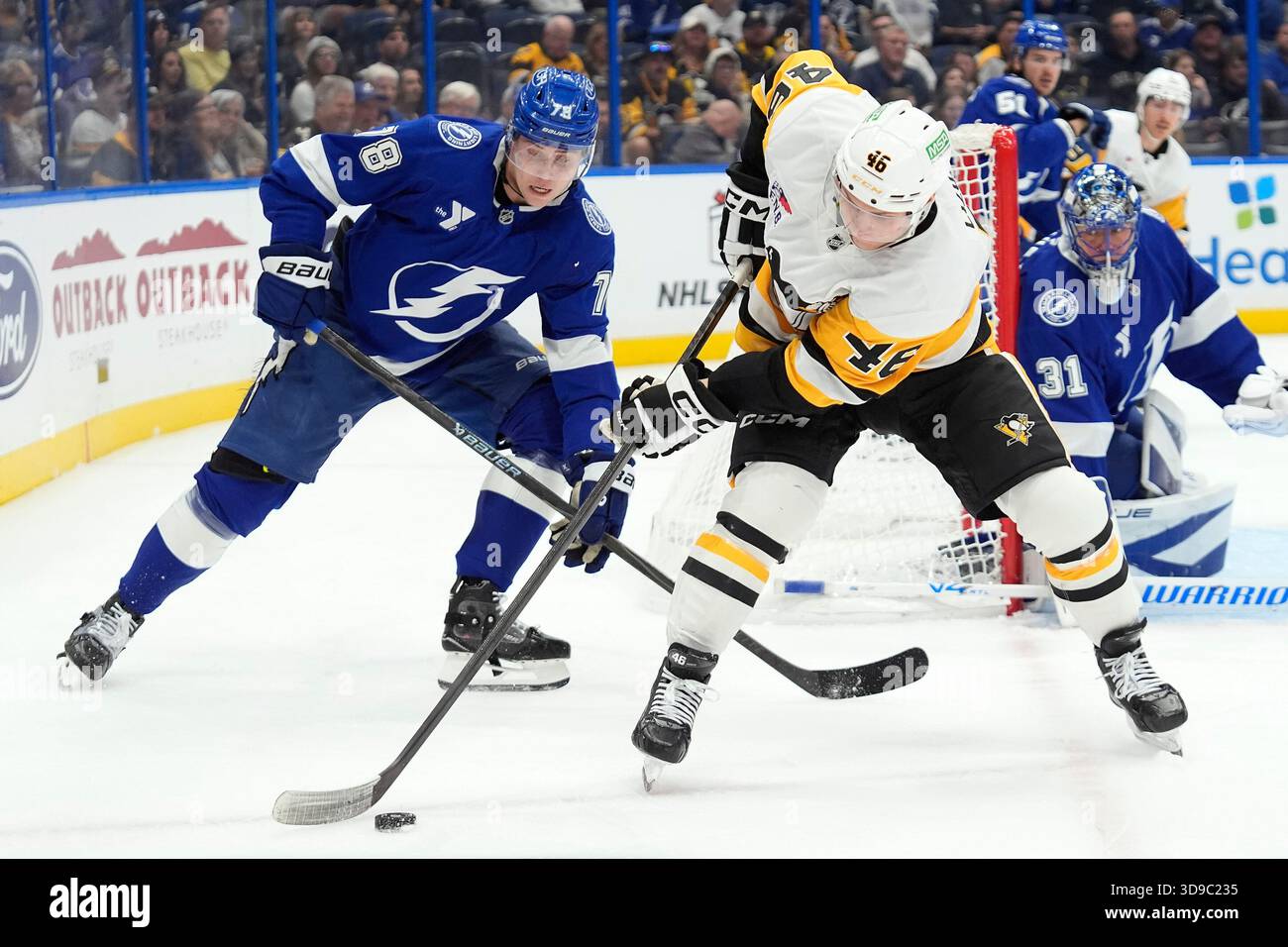 Pittsburgh Penguins center Blake Lizotte (46) beats Tampa Bay Lightning defenseman Emil ...