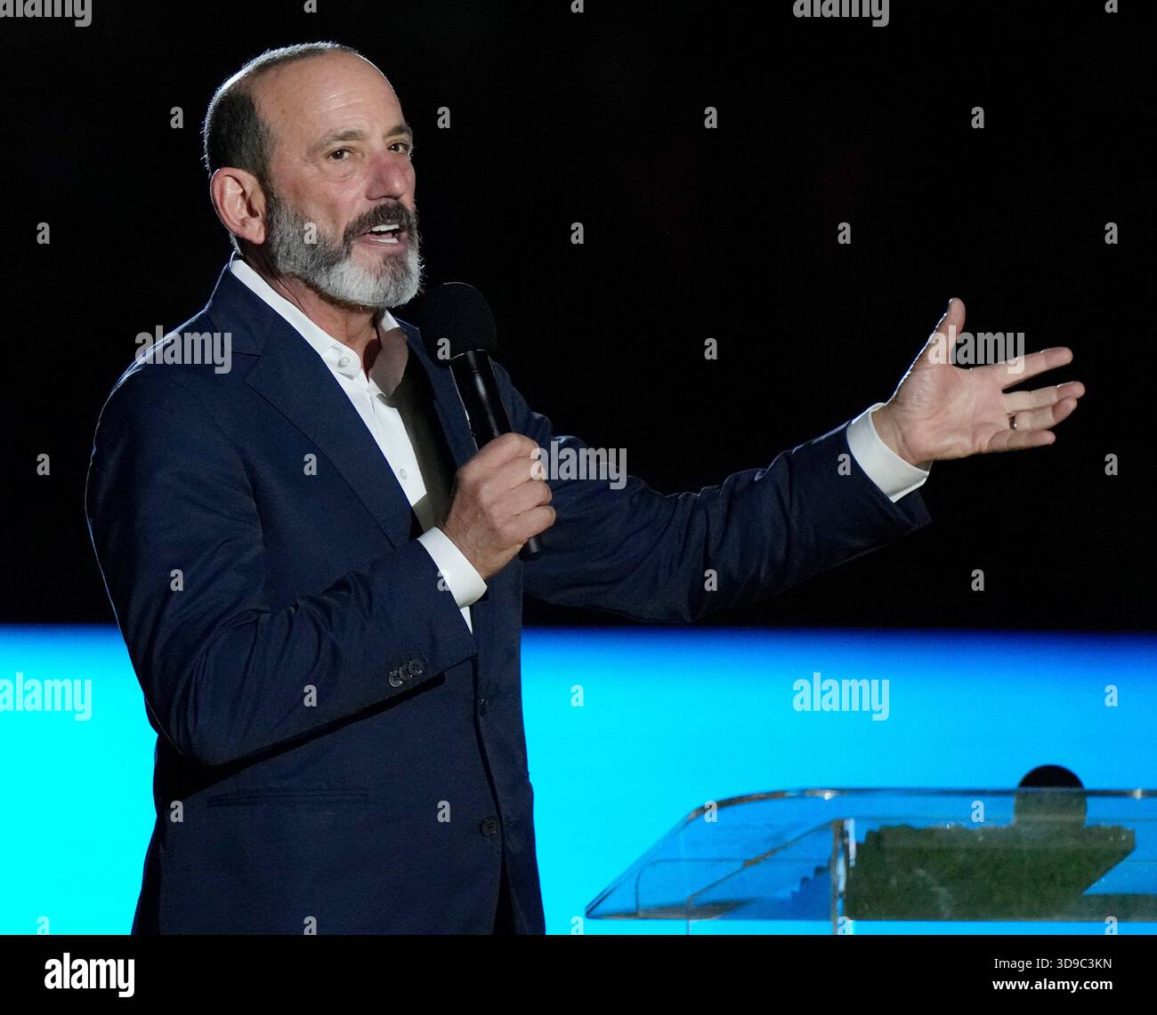 FILE - Major League Soccer Commissioner Don Garber speaks during a ...