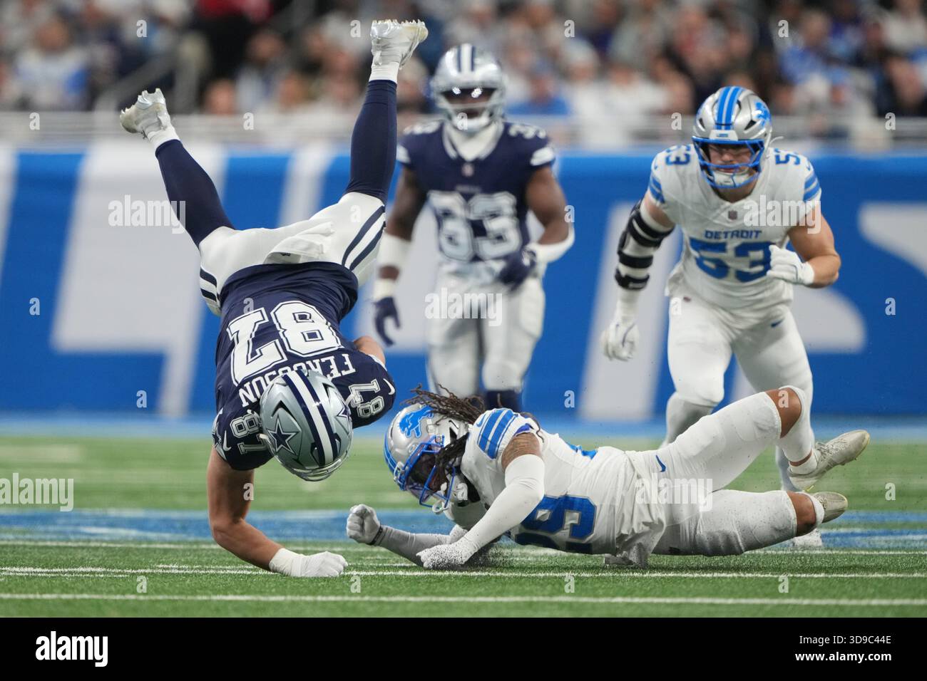Dallas Cowboys tight end Jake Ferguson (87) is tripped up by Dallas ...
