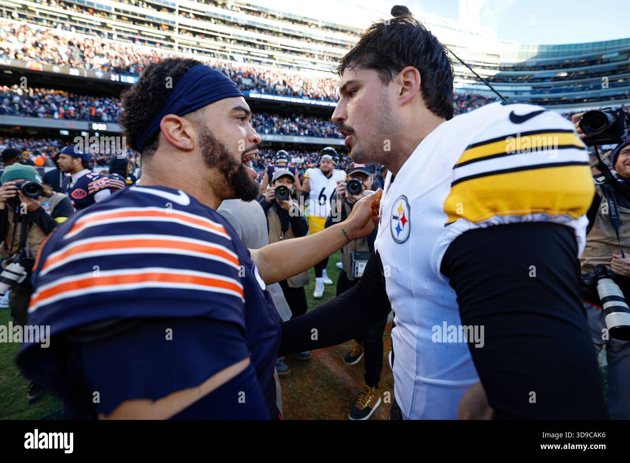 Chicago Bears quarterback Caleb Williams (18) chats with Pittsburgh ...