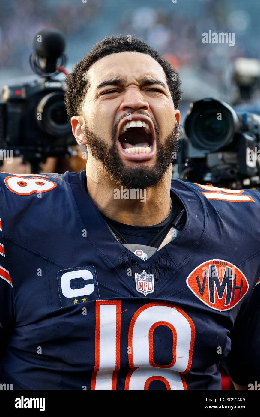 Chicago Bears quarterback Caleb Williams (18) celebrates after an NFL ...