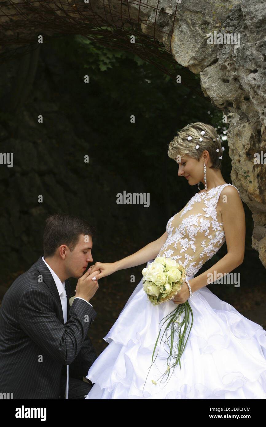 The groom kisses a hand to the bride kneeling Stock Photo - Alamy