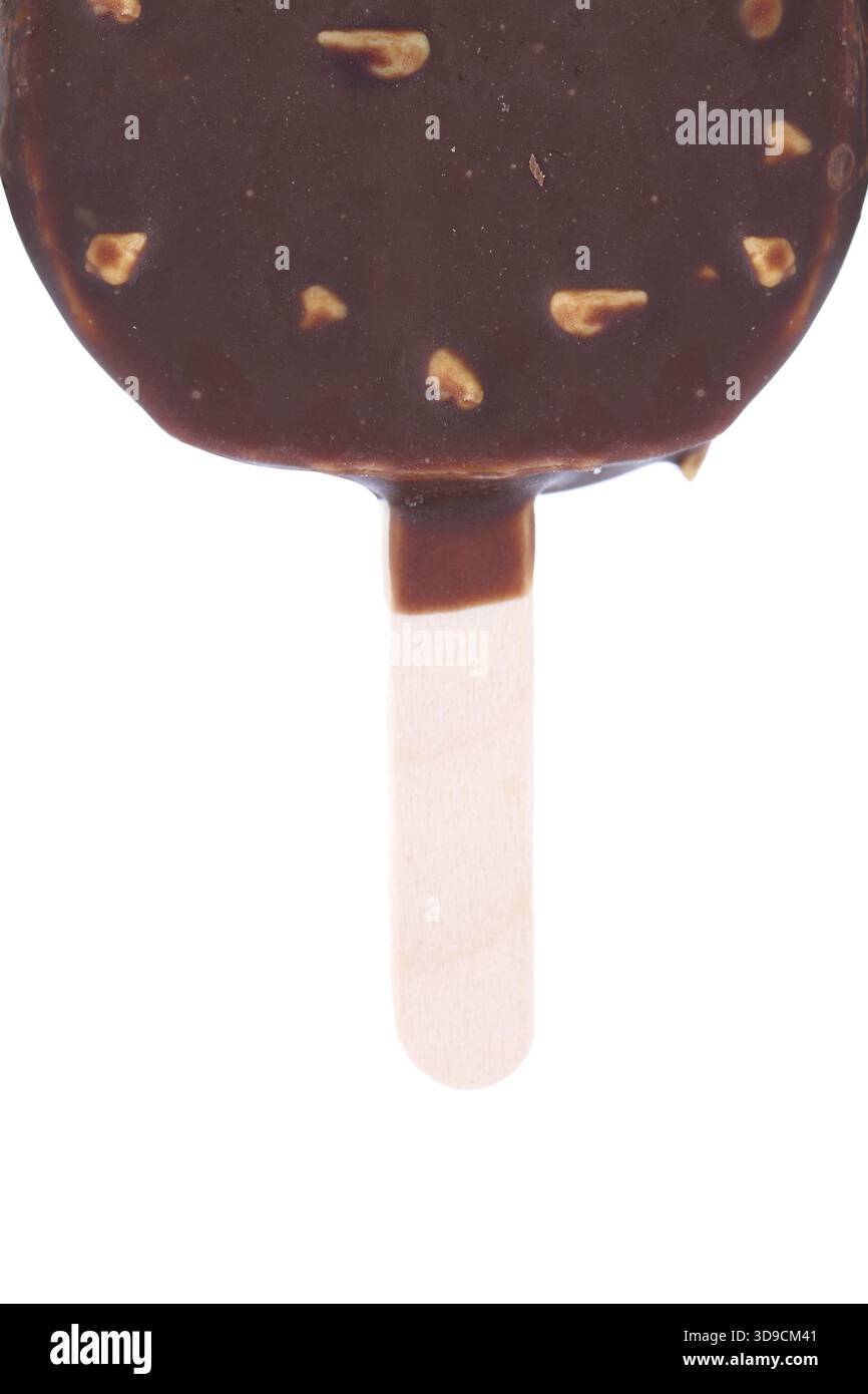 Chocolate-coated blocks of ice cream on stick. White background Stock ...