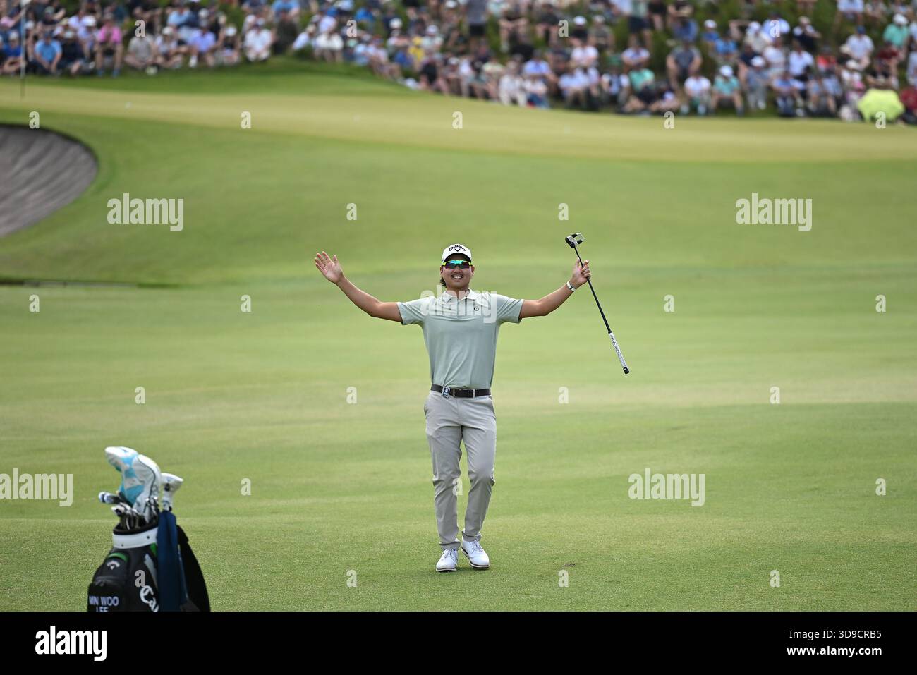 Min Woo Lee of Australia reacts on the 6th hole in round two of the ...