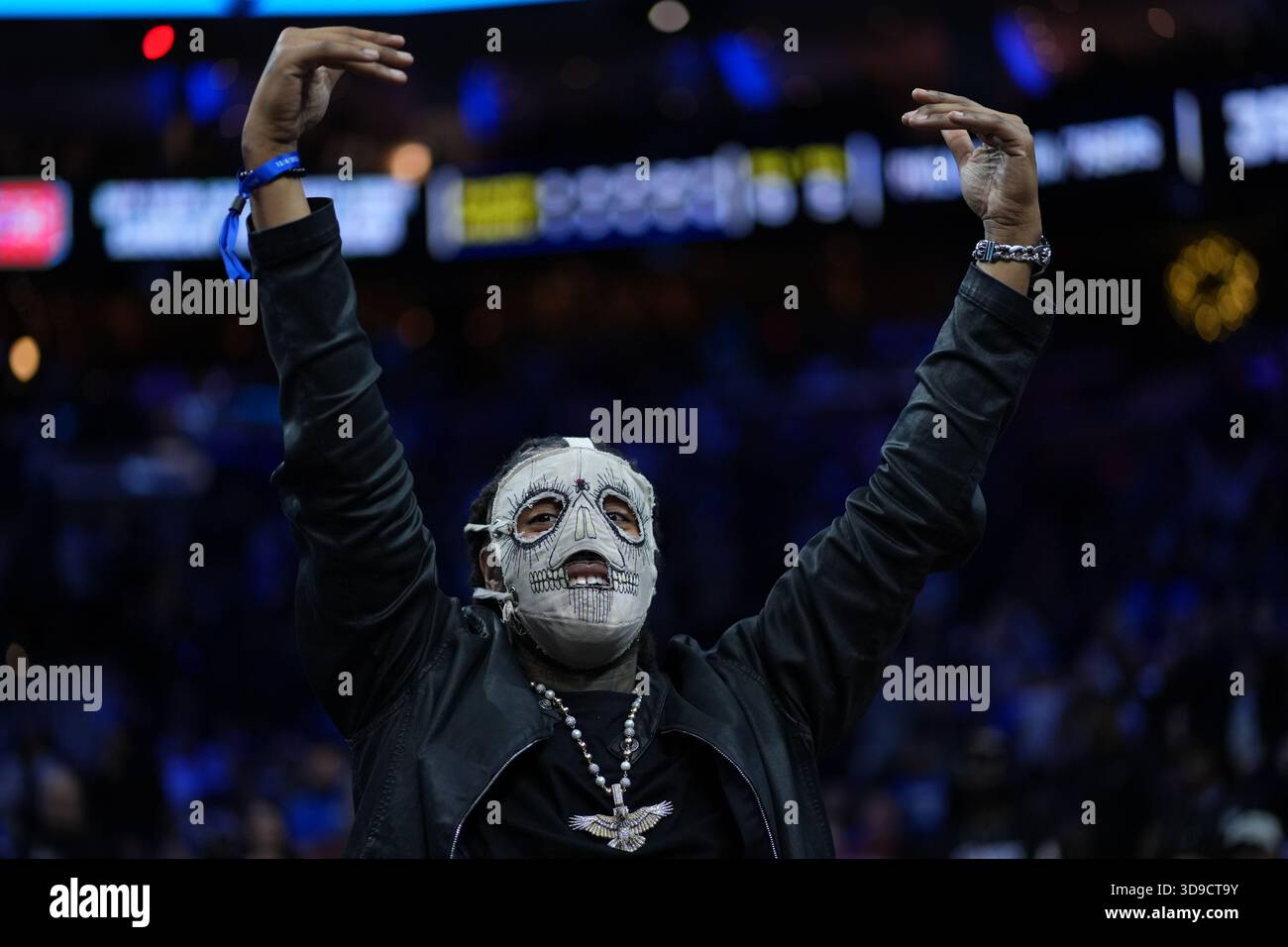 Rapper Skrilla reacts during an NBA basketball game Thursday, Dec. 4 ...