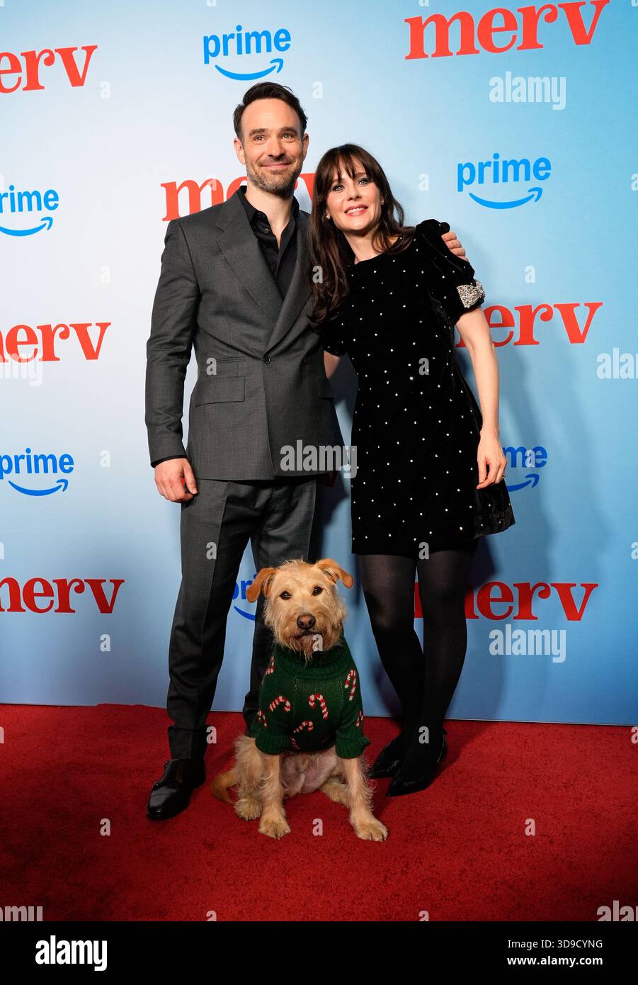 Charlie Cox, left, and Zooey Deschanel, cast members in "Merv," pose ...
