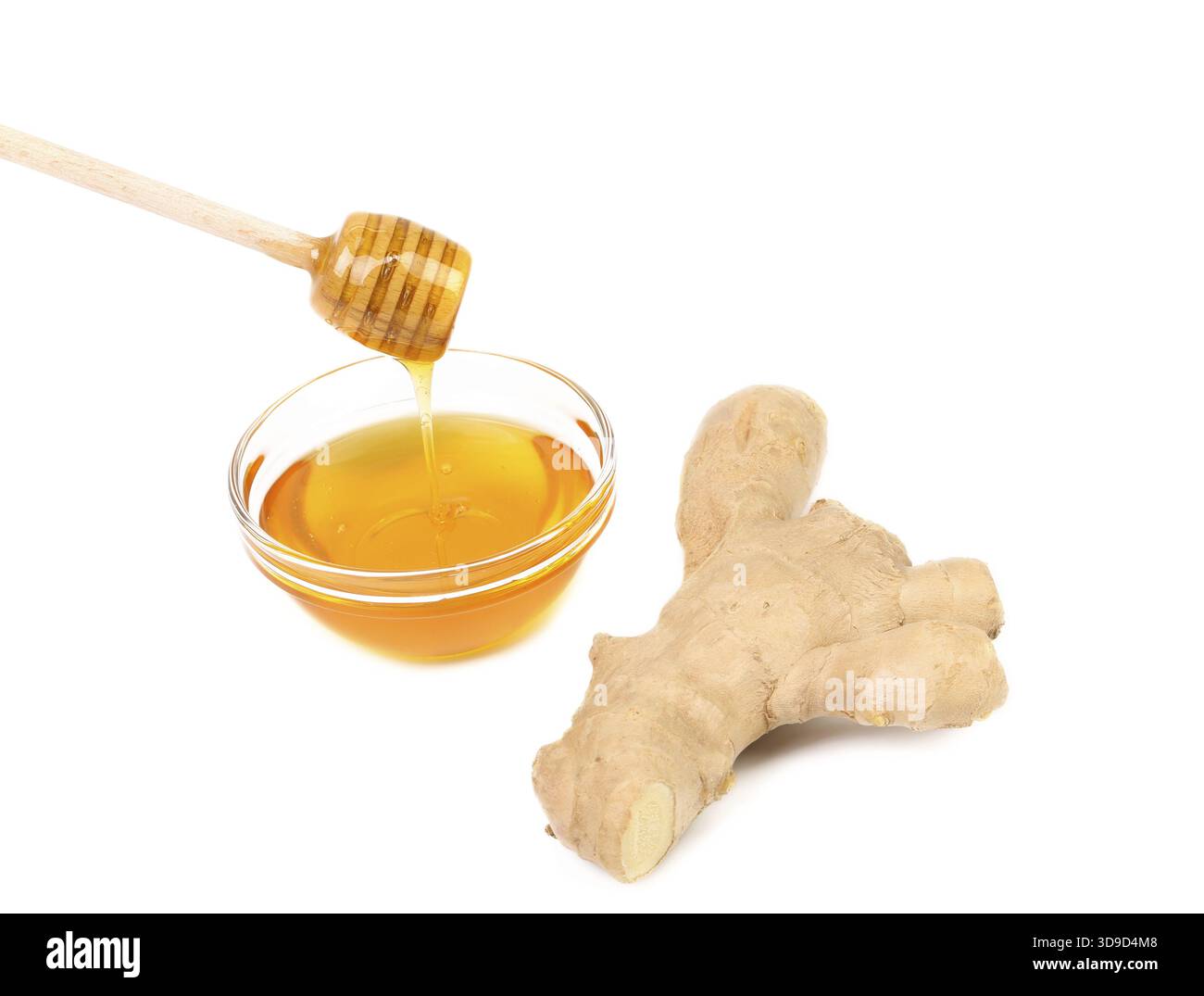 Root Ginger sliced and bow of honey. White background Stock Photo - Alamy