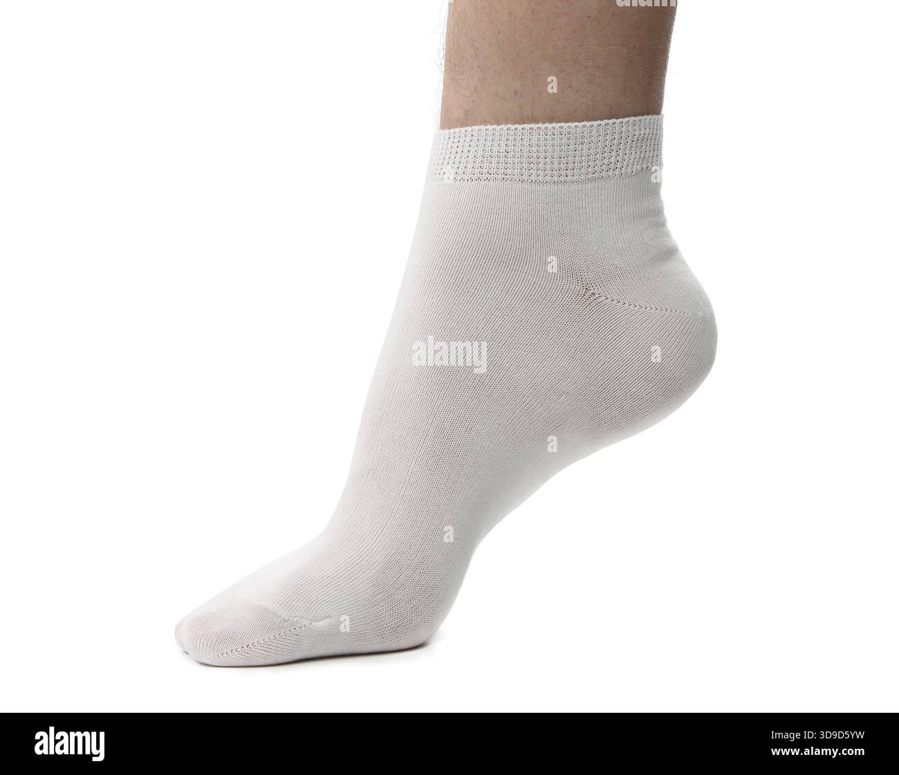 Sock on the foot. Close up. White background Stock Photo - Alamy