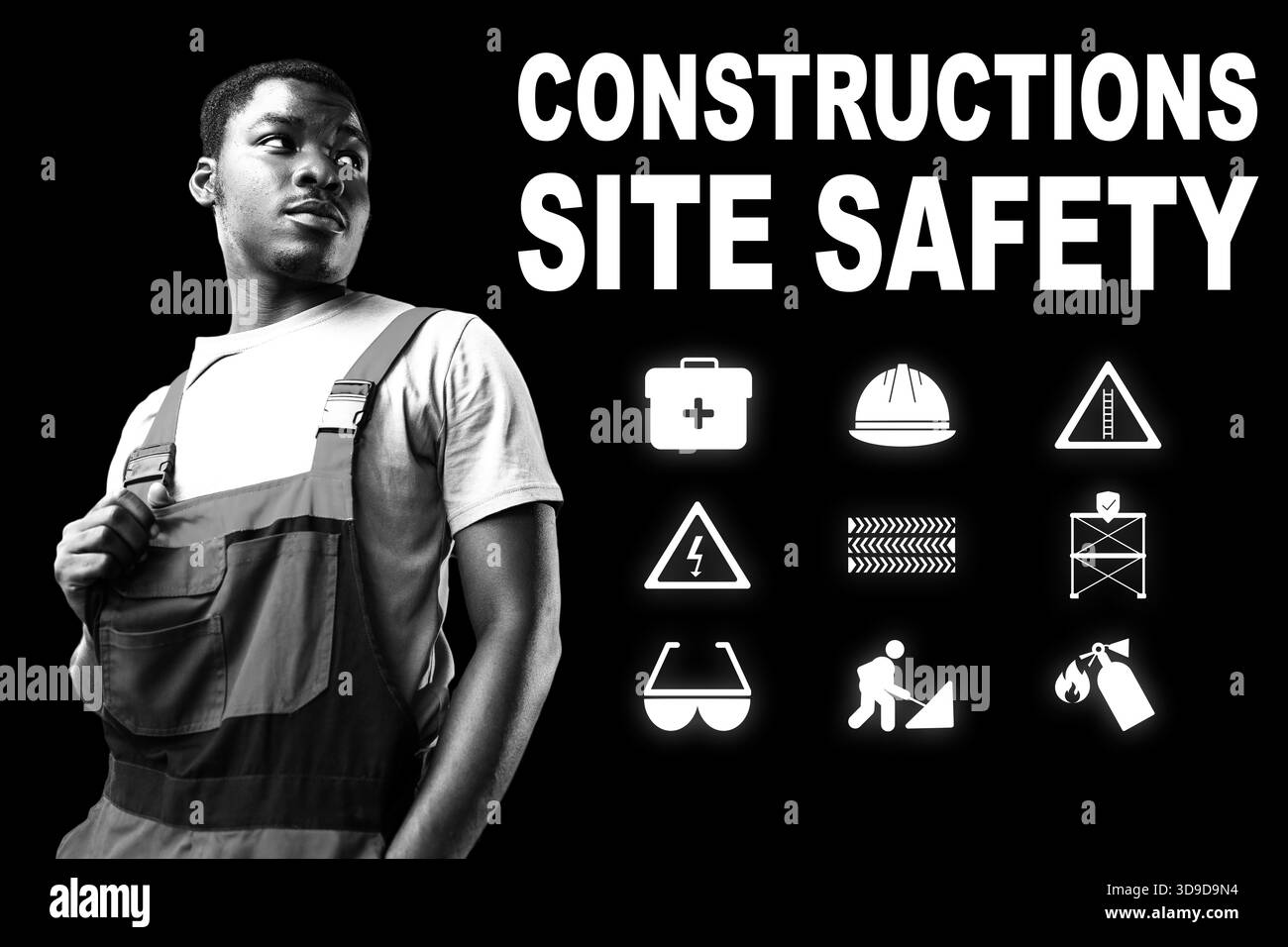 Construction worker emphasizes site safety with key symbols in a bold ...