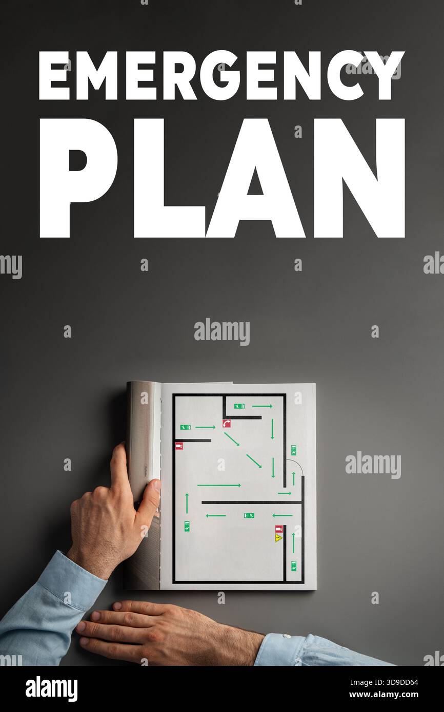 Emergency plan guide illustrating a layout for safe evacuation during ...