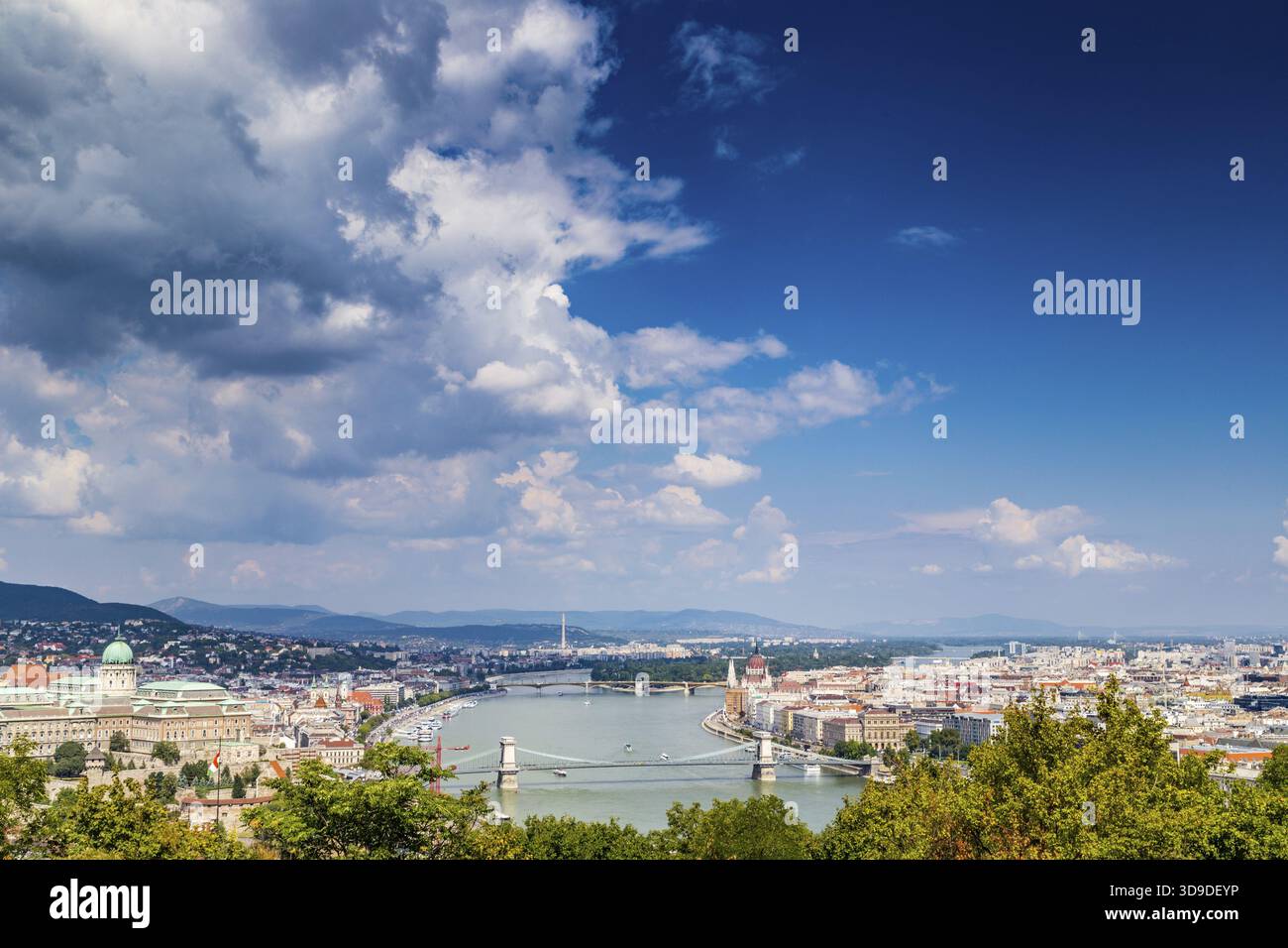Panorama of the Danube river running through the ancient buildings of ...