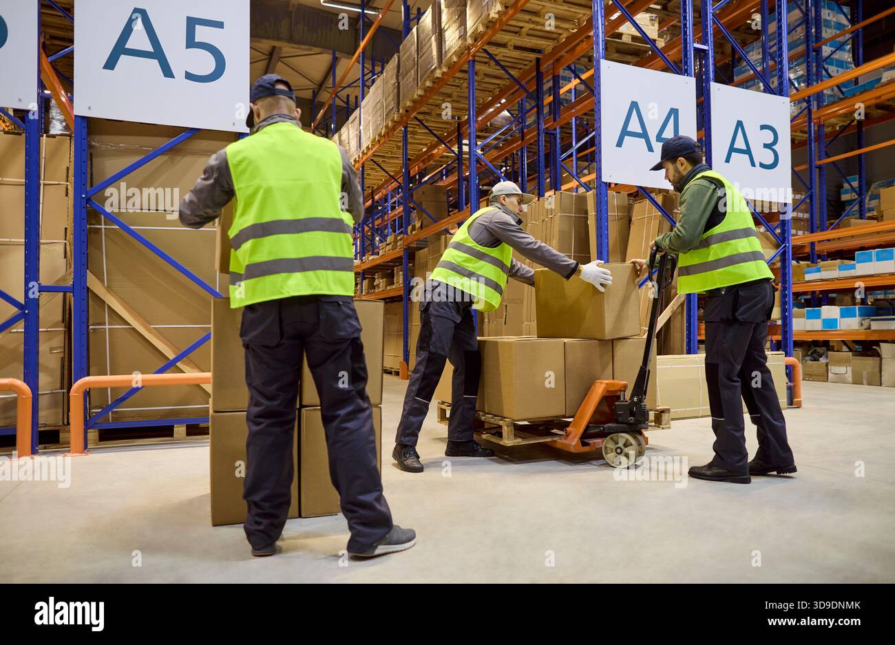 Warehouse workers loading boxes onto pallet jack for efficient order ...