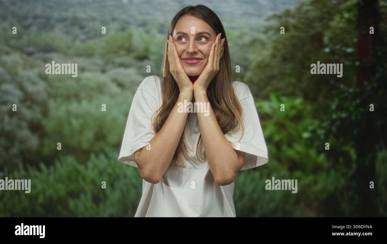 Young woman with hands on cheeks smiling in forest wearing white t ...