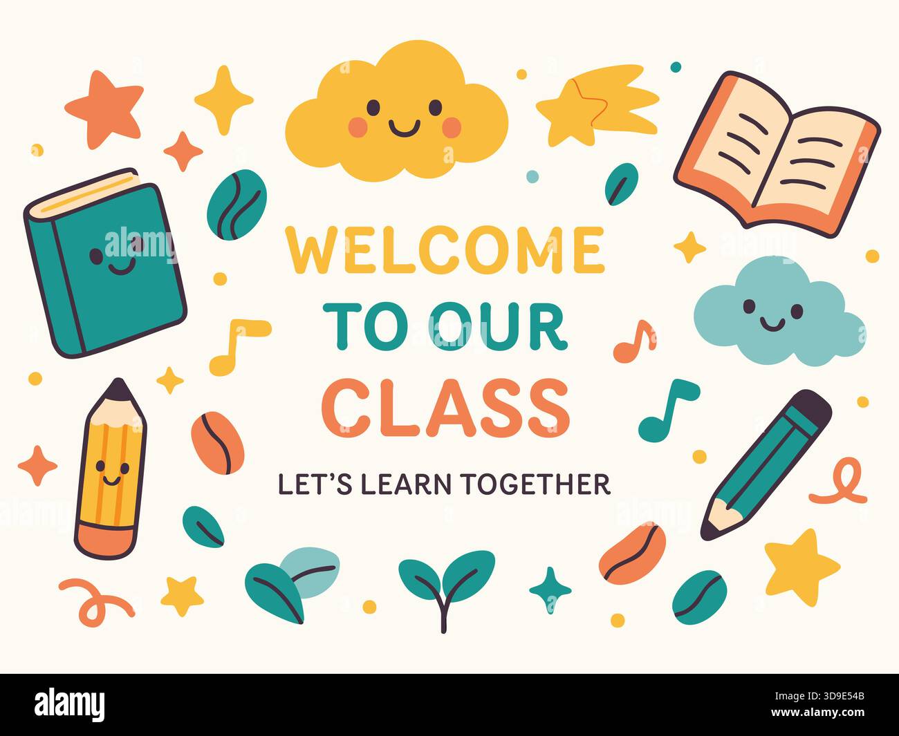 A cheerful classroom welcome poster with cute doodles of books clouds ...