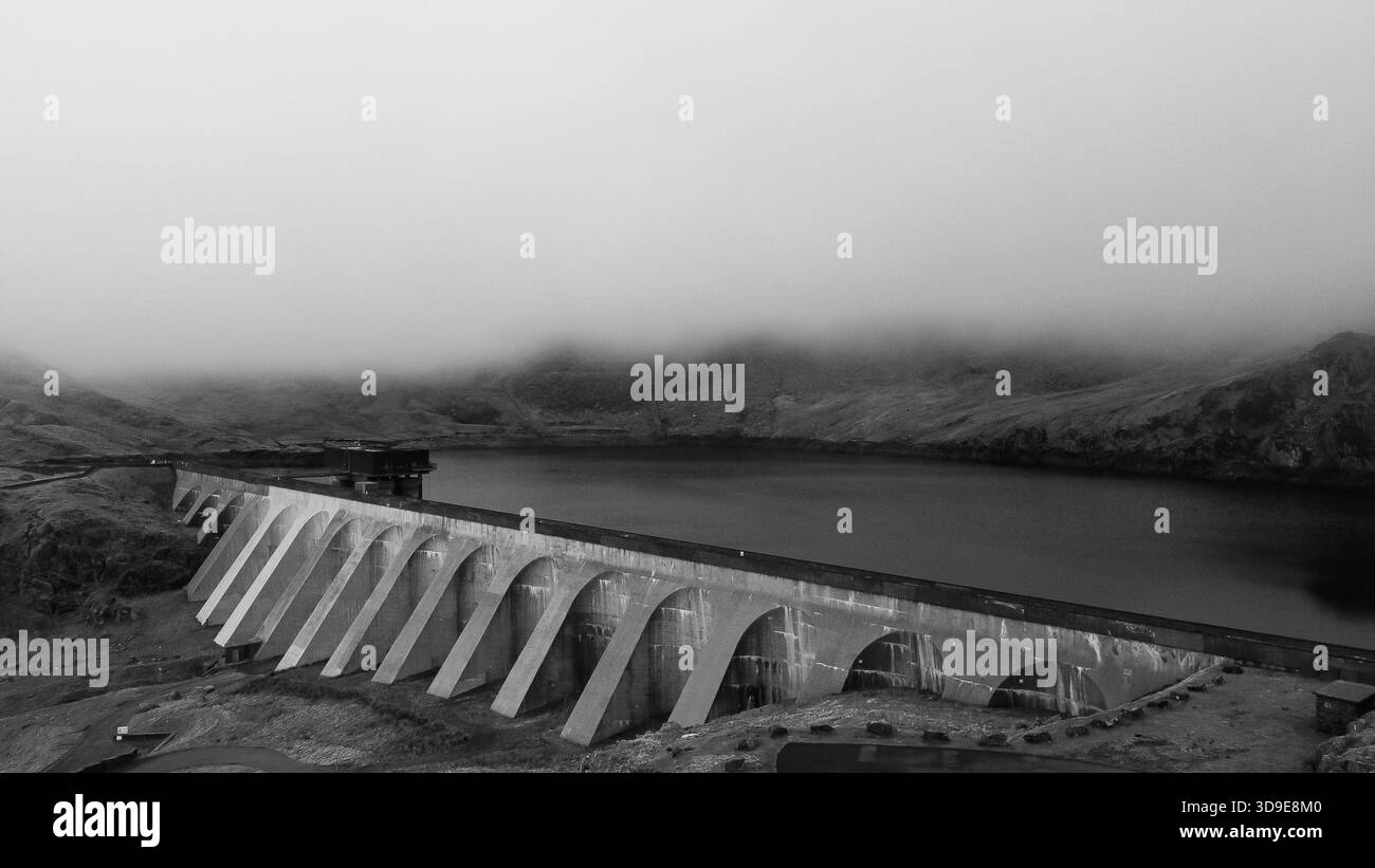 Black and white aerial view of Stwlan Dam Stock Photo - Alamy
